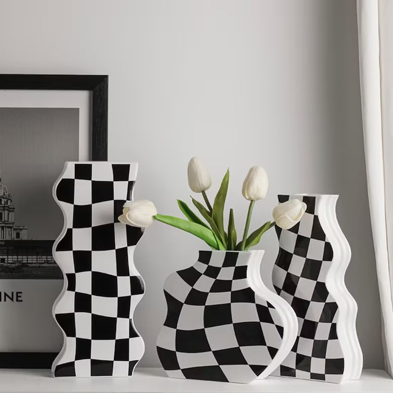 Checkered Ceramic Vase | Aesthetic Room Decor